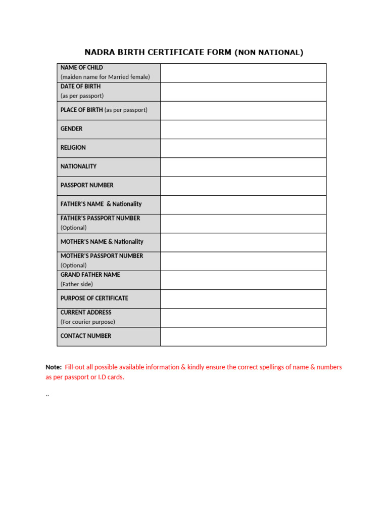 Nadra Birth Certificate Pakistan Form Non National PDF | PDF