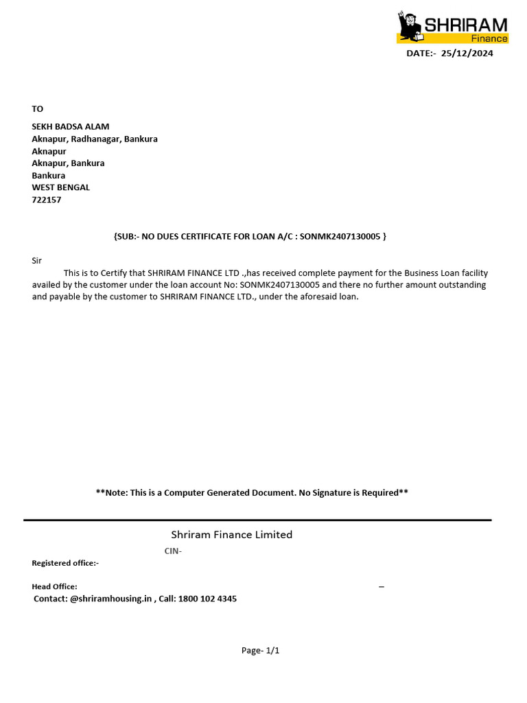 NOC Shriram Finance | PDF