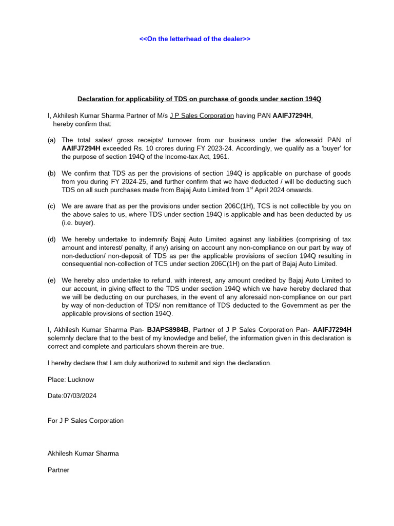 TDS Declaration Under Section 194Q | PDF