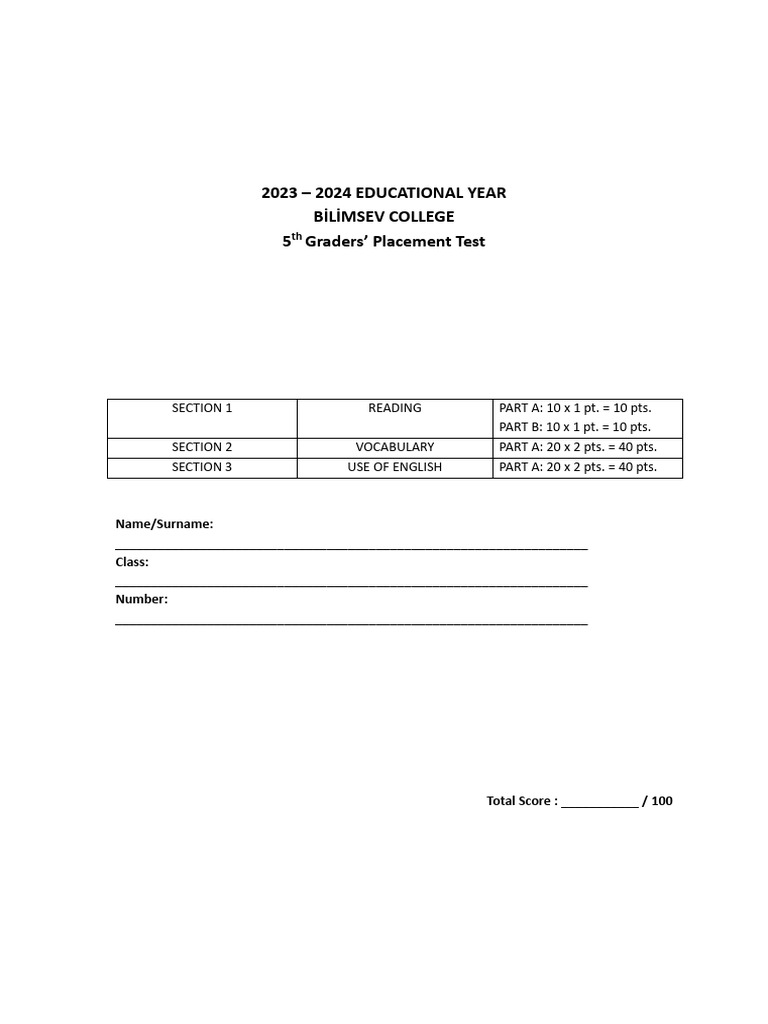 5th Grades' Placement Test | PDF