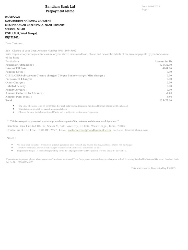 Bandhan Bank Loan Closure Memo | PDF | Cheque | Personal Finance