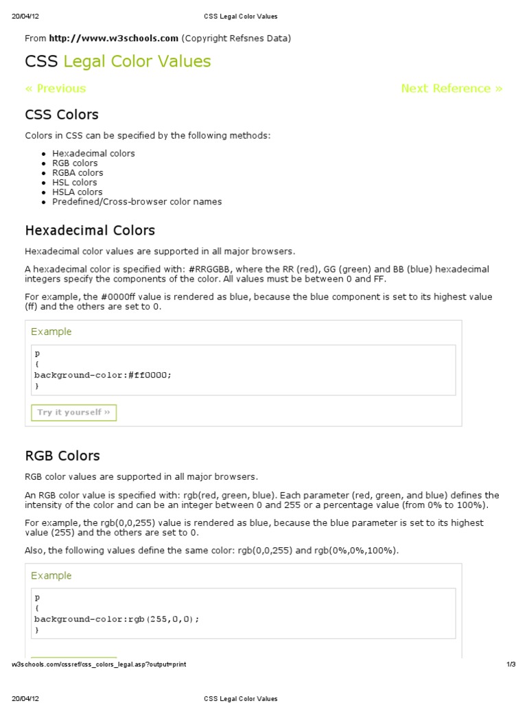 CSS Legal Color Values | PDF | Hue | Computer Graphics
