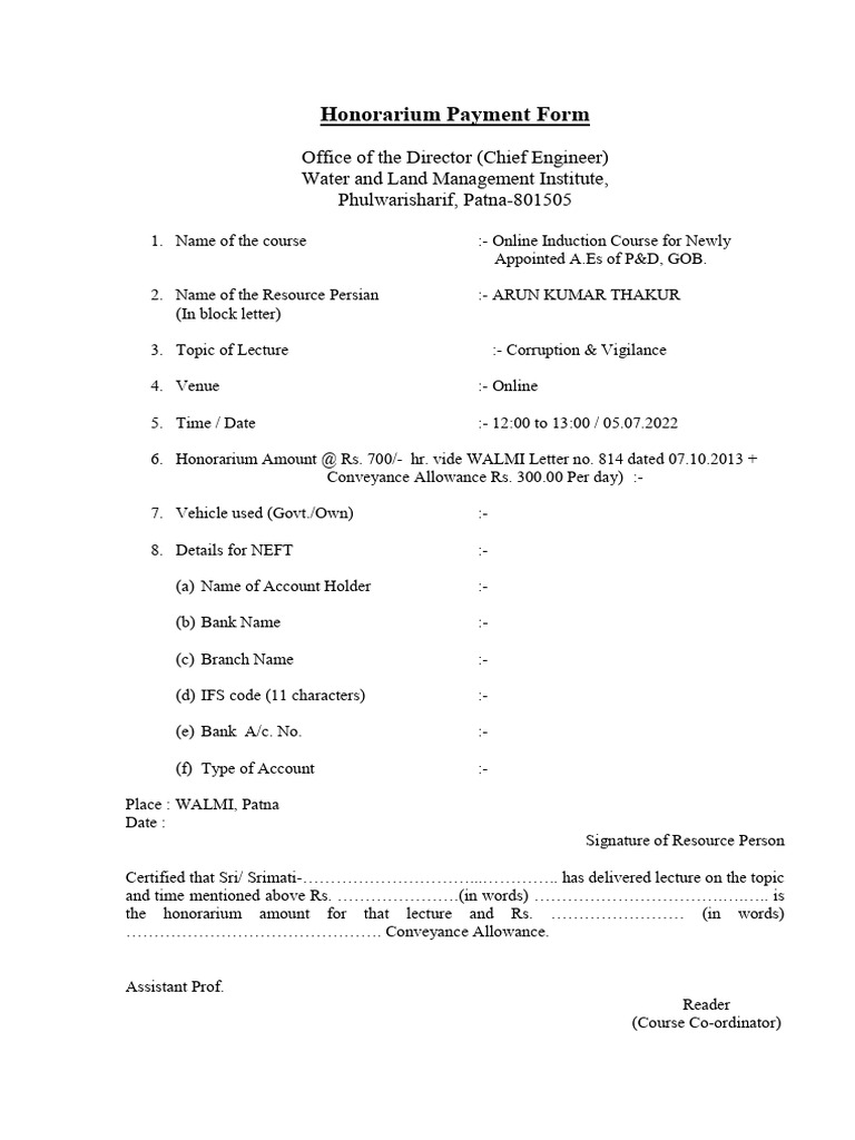 Honorarium Payment Form for Online Course | PDF