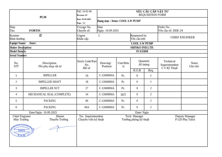 24.PAC-10!02!06 Yêu Cầu Cấp Vật Tư-Requisition Form DDE24-COOL S.W PUMP ...