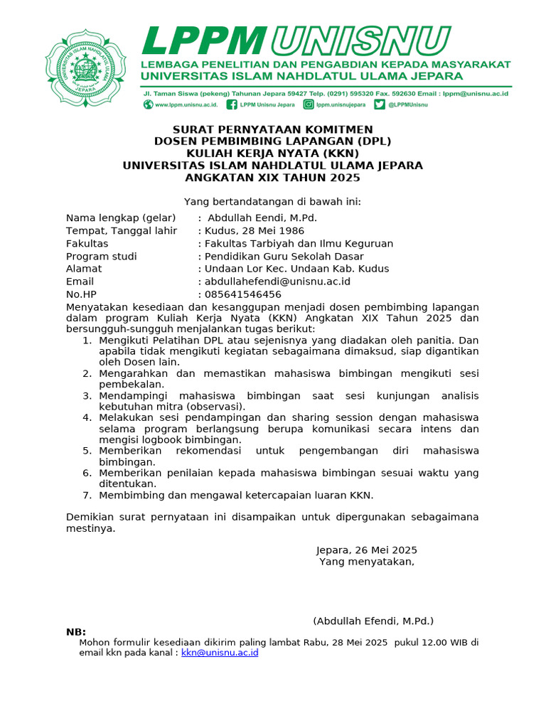 Surat Kesediaan Menajdi DPL KKN | PDF