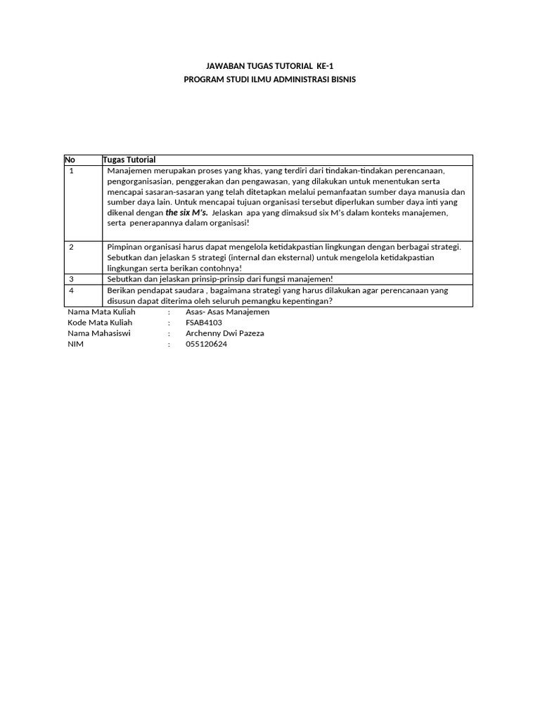 Tugas Tutorial Ke-1 Asas Manajemen | PDF