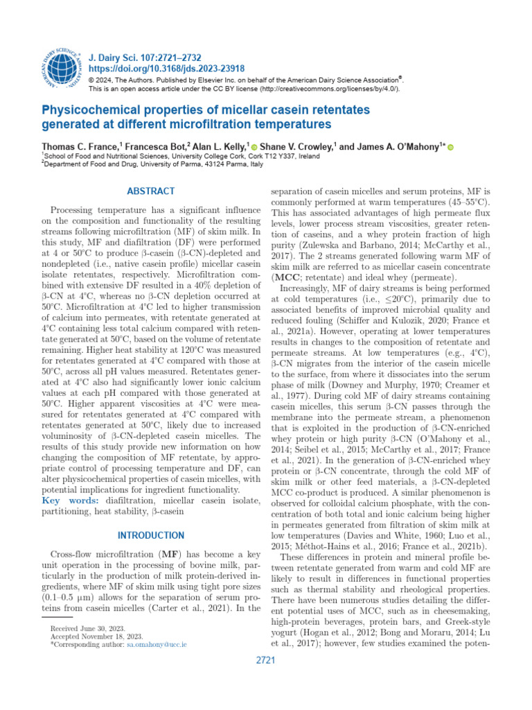 Properties of Micellar Casein Retentates | PDF | Milk | Chemistry