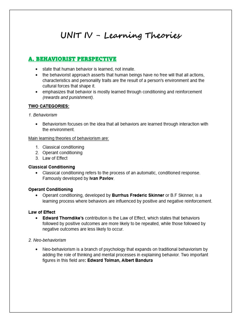 Learning Theories Overview: Behaviorism & Cognition | PDF | Learning ...