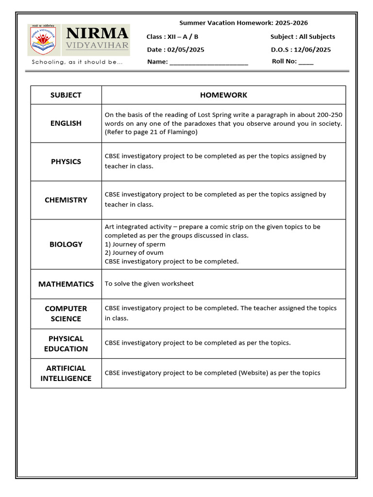 Xii Sci Sum Vac HW 25 26.PDF - Crdownload | PDF