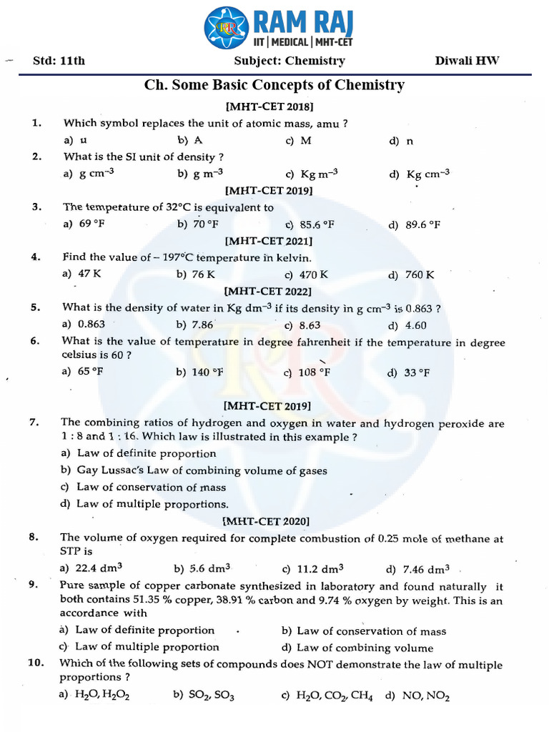11CET Chem Diwali HW STR Atom Mat State Basic Org Chem | PDF