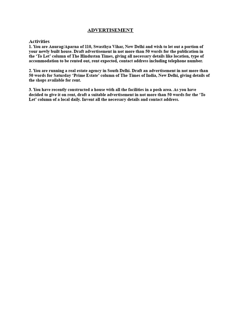 Rental Advertisement Drafts for Delhi | PDF