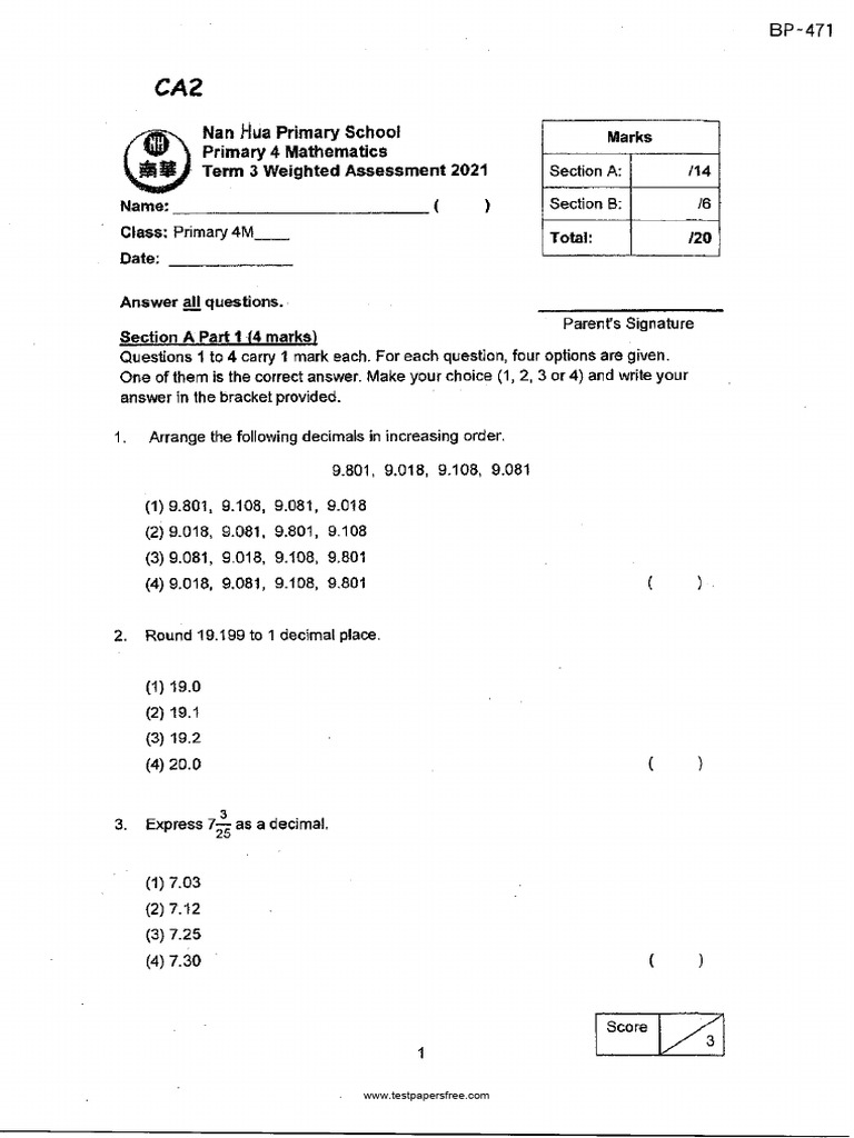 P4 Maths 2021 CA2 Nan Hua | PDF