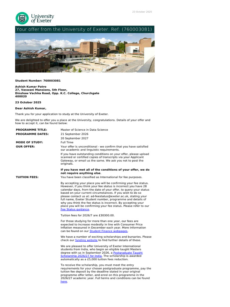 Ashish Patro Exeter Offer Letter | PDF | Travel Visa | Postgraduate ...