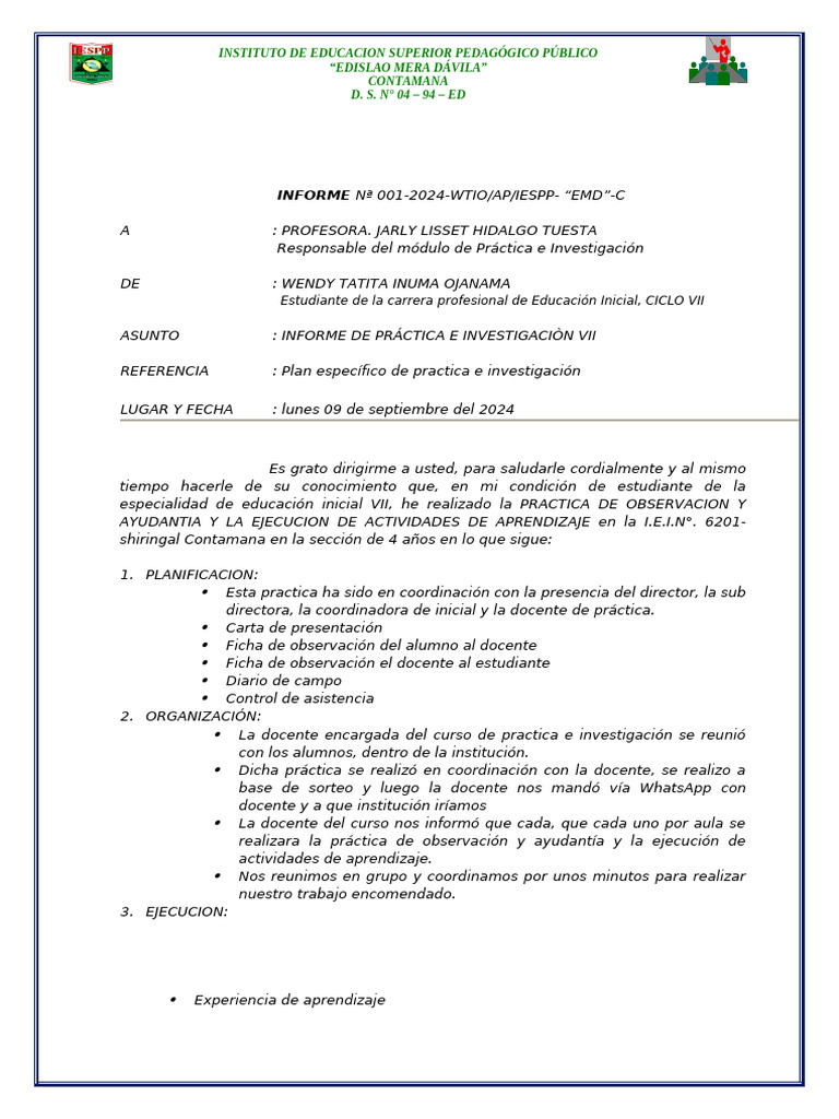 Informe Del Estudiante Practicante (Tati 001 | PDF | Salón de clases ...
