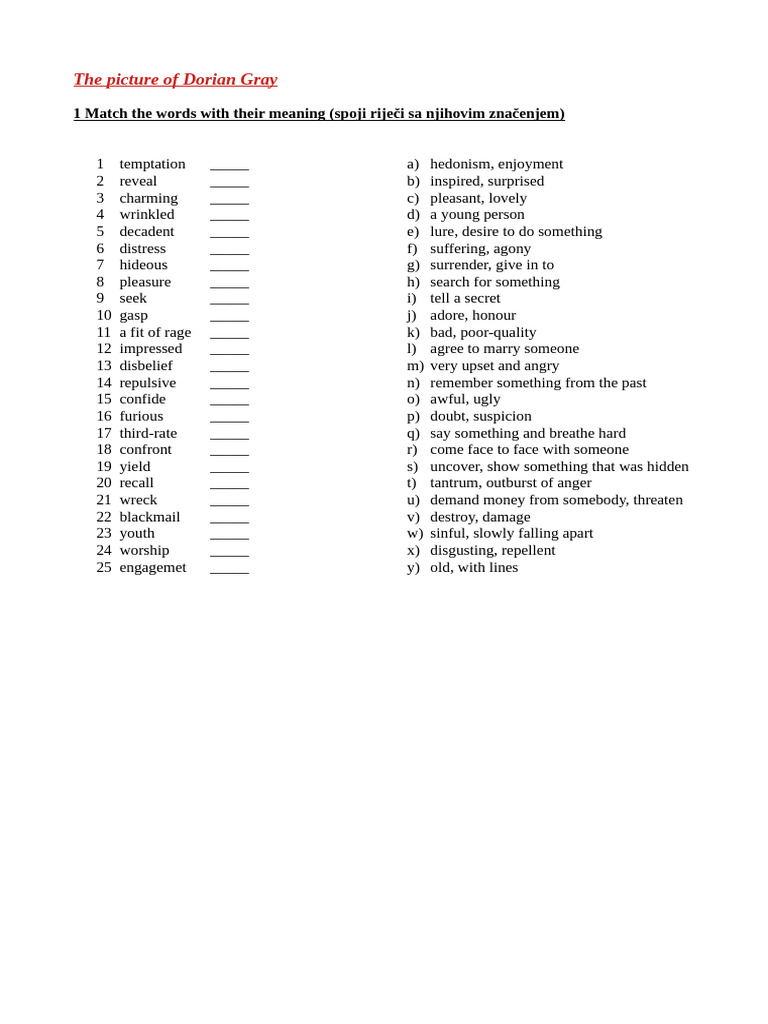 Dorian Gray Vocabulary Lesson Worksheet Templates Layouts - 123224 | PDF