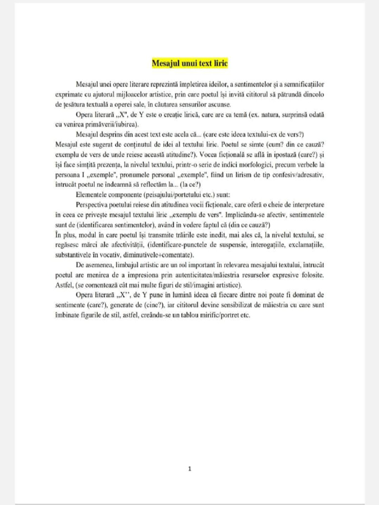 Mesajul Unui Text Liric, Epic, Dramatic (Prof. Cristea) | PDF