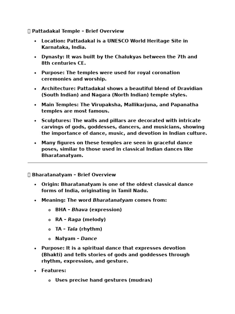 Pattadakal Temple and Bharatanatyam | PDF | Dances