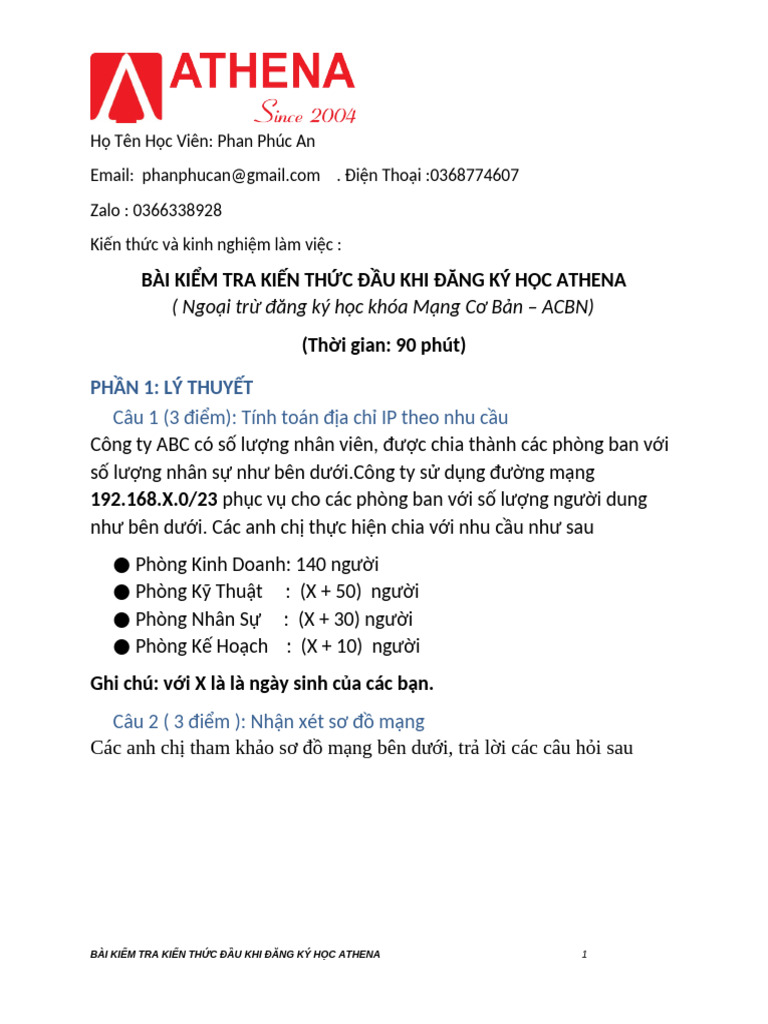 Kiem Tra Kien Thuc Dau Vao Khi Hoc Athena | PDF
