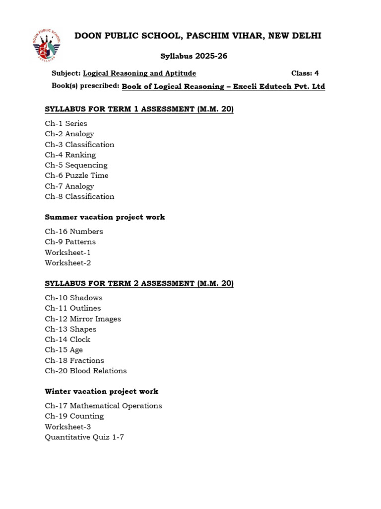 Class 4 Logical Reasoning Syllabus 2025-26 | PDF
