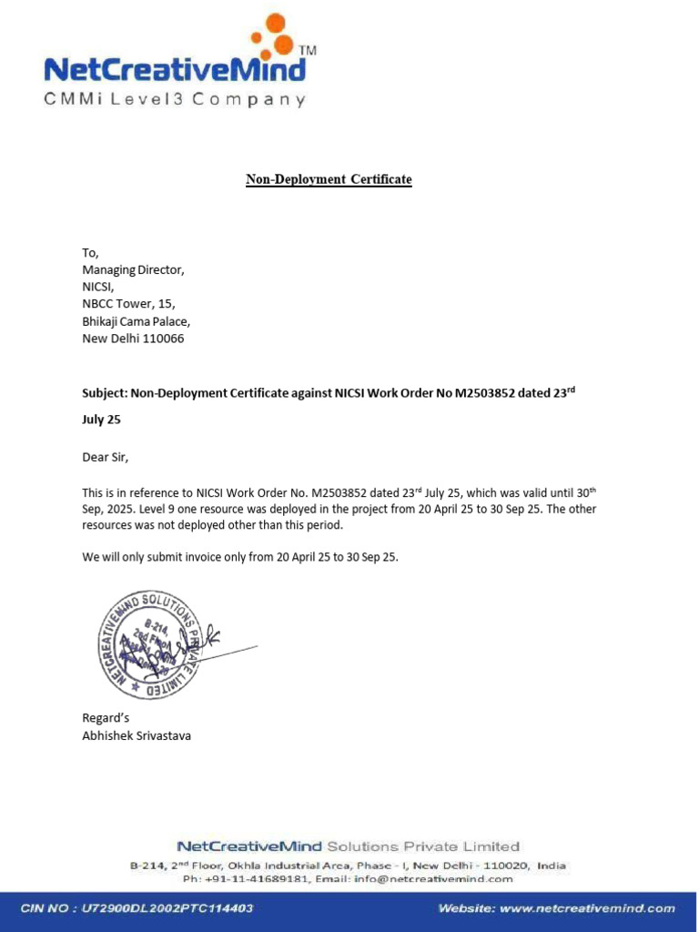 Non Deployment Certificate - M2503852 | PDF