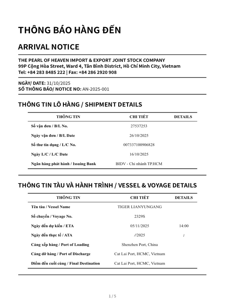 Arrival Notice | PDF