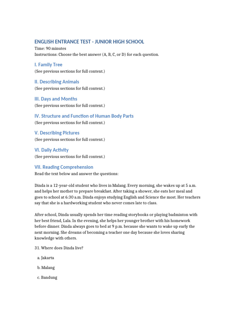 English Entrance Test Junior High School Final | PDF