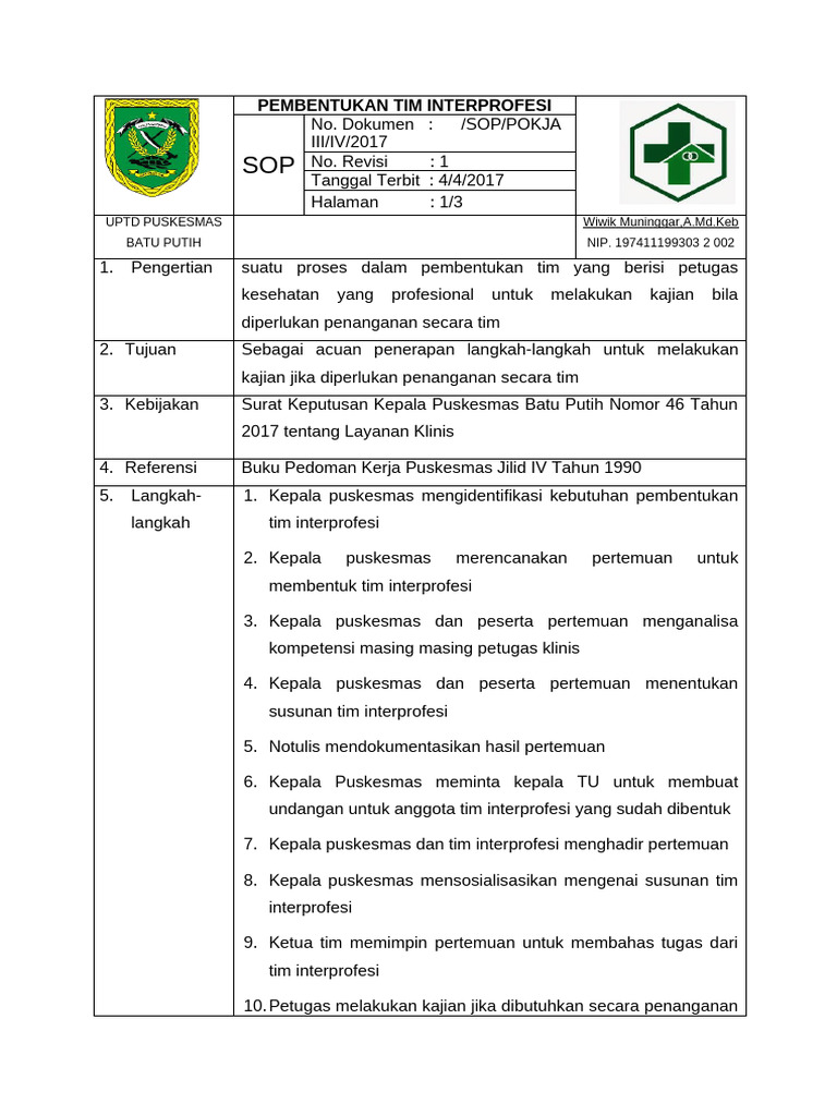 SOP PEMBENTUKAN TIM INTROPROFESI BILA DI BUTUHKAN (HOME CARE) | PDF
