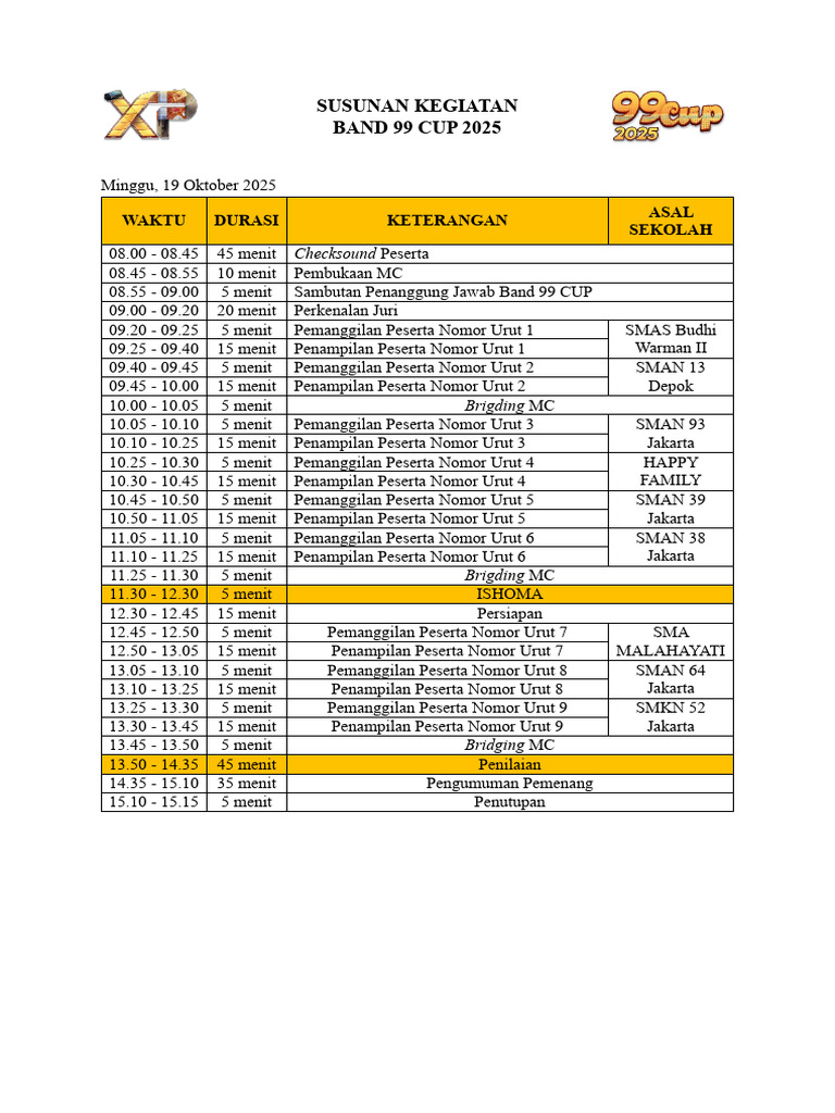Susunan Kegiatan Band 99 Cup 2025 | PDF