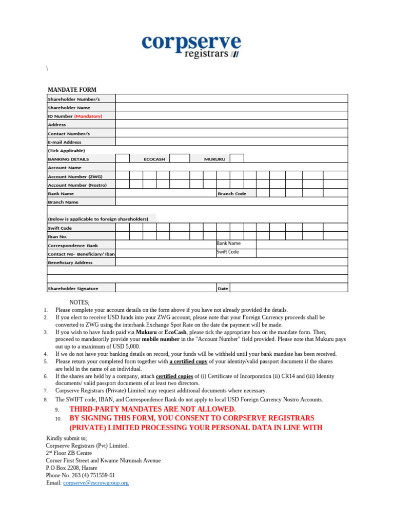 Corpserve Bank Mandate Form 2024 | PDF