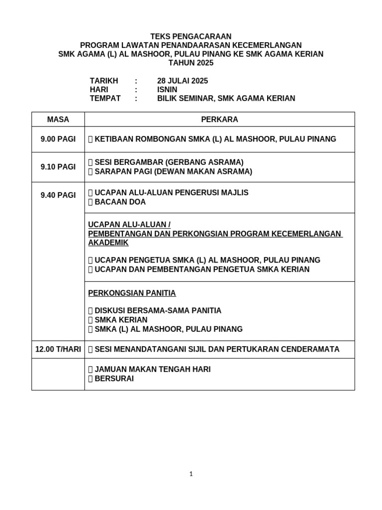 Teks Pengacaraan Program Lawatan Penandaarasan (Smka Al-Mashoor (L) - Pengetua Semashoor L Cakap ...