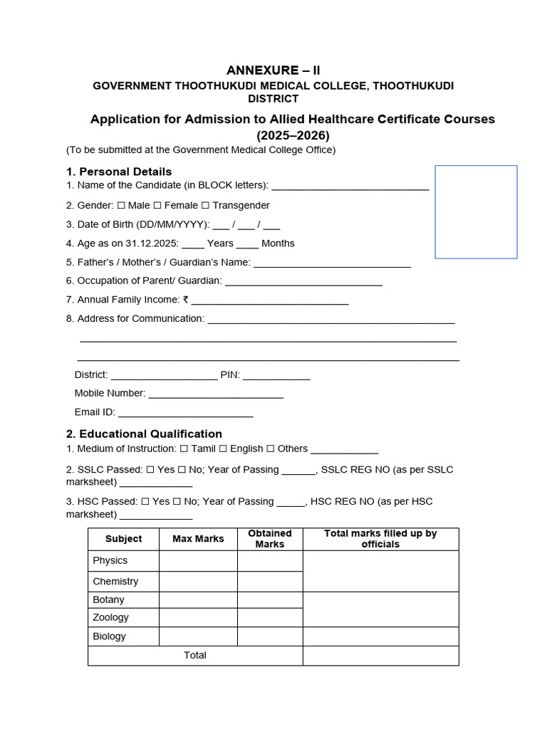 Admission Application for Allied Healthcare Courses | PDF
