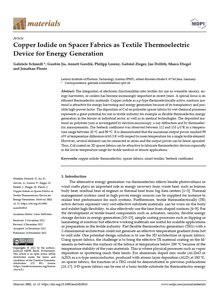 Copper Iodide On Spacer Fabrics As Textile Thermoe | PDF | Electricity ...