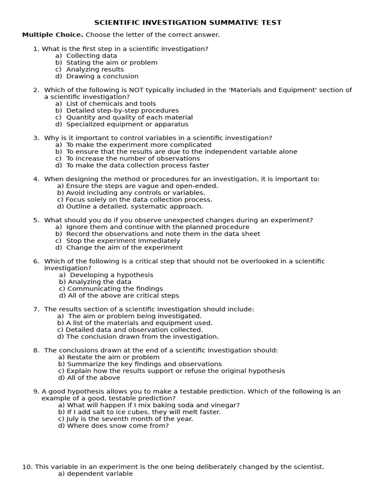 Scientific Investigation Test Questions | PDF | Hypothesis | Scientific ...