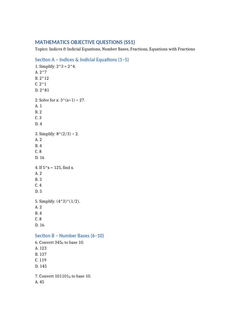 SS1 Mathematics Objective Questions | PDF
