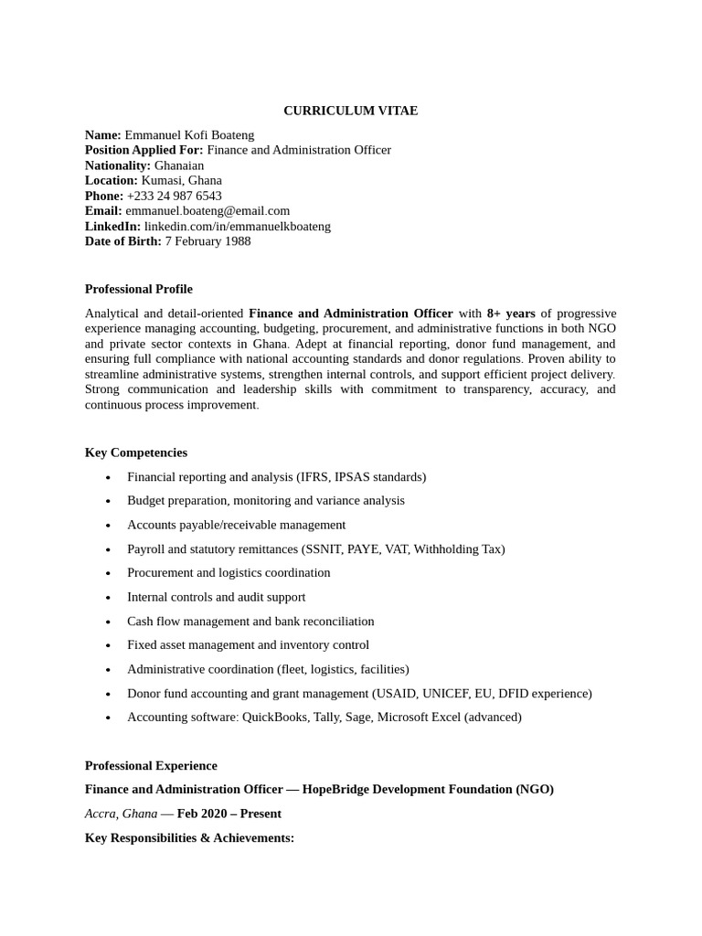 Finance and Admin Officer CV - Ghana | PDF | Audit | Accounting