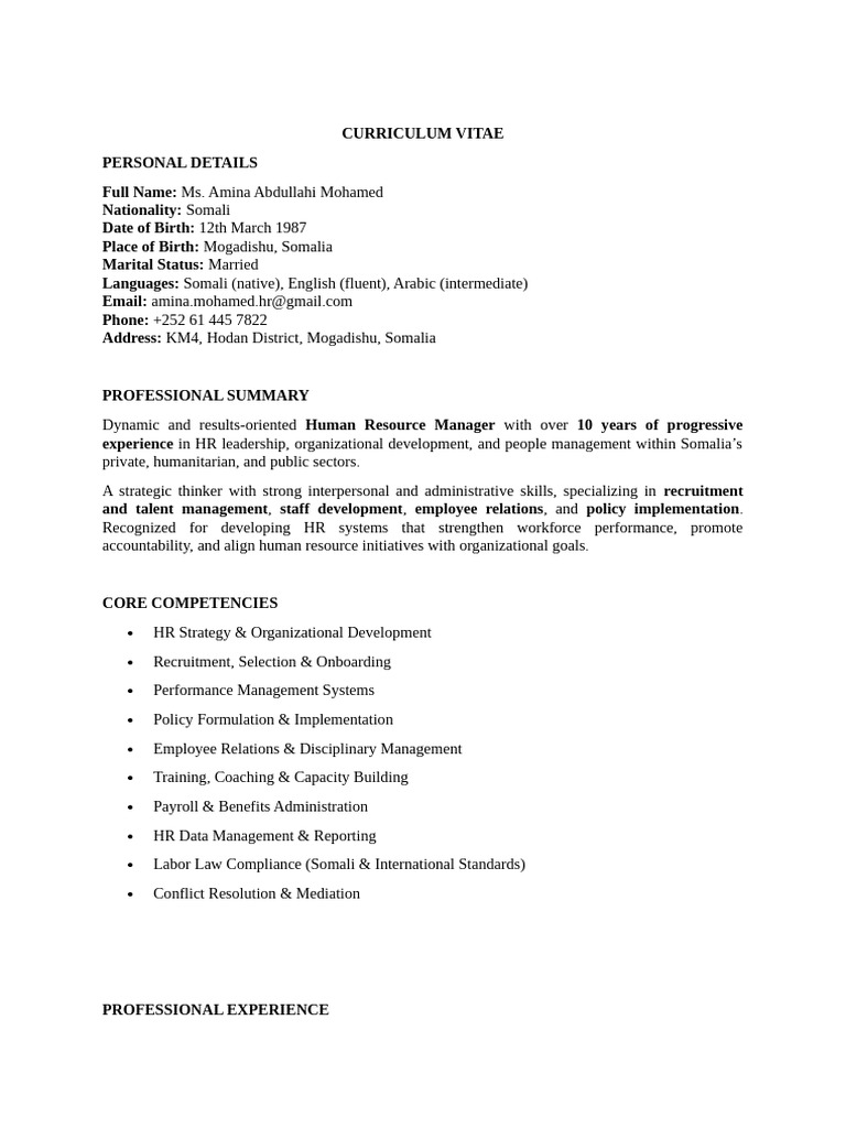 Amina Mohamed: HR Manager CV | PDF | Human Resource Management | Human ...