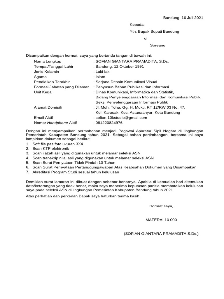 Contoh Format Surat Lamaran | PDF