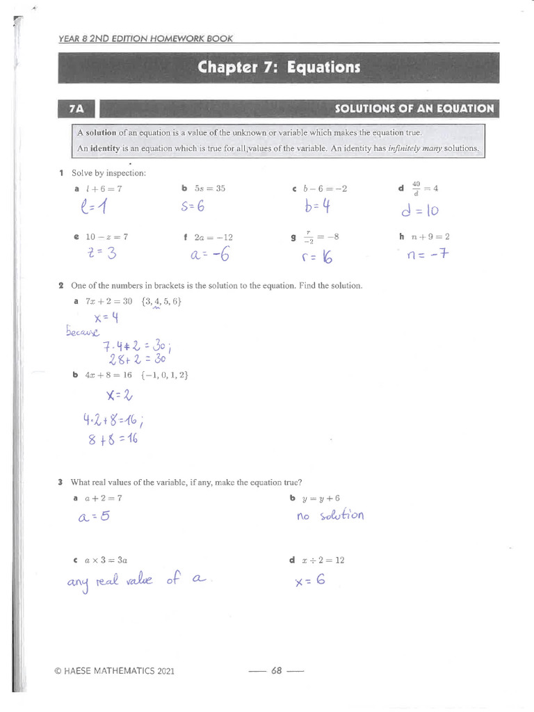 Week 1. Solving Simple Equations ANSWERS | PDF