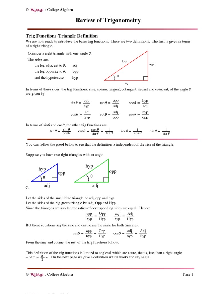 Review of Trigonometry: Trig Functions-Triangle Definition | PDF ...