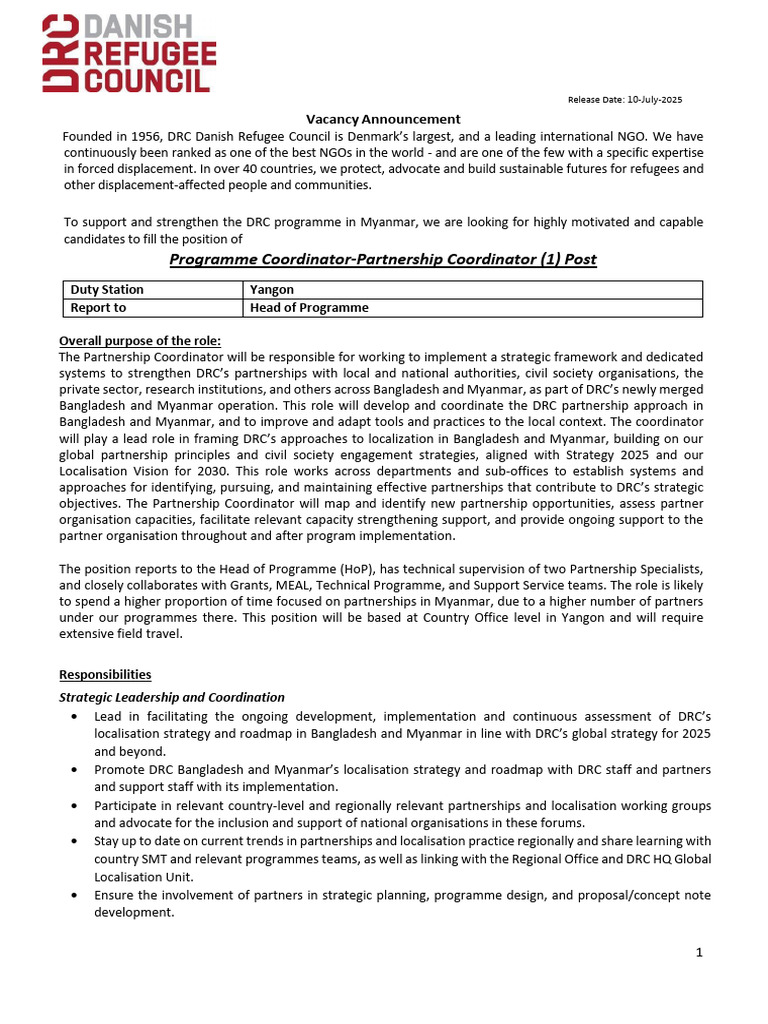 YGN VA DRC PartnershipCoordinator 10july2025 | PDF | Non Governmental ...