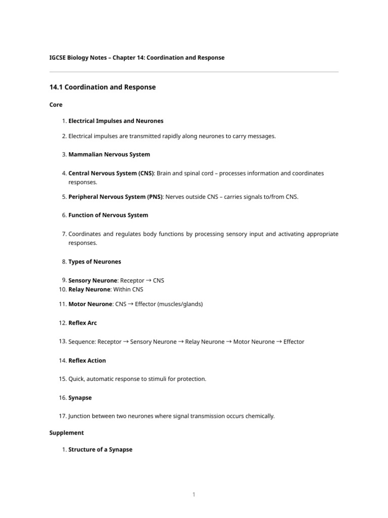 IGCSE Biology: Coordination & Response | PDF | Nervous System | Neuron