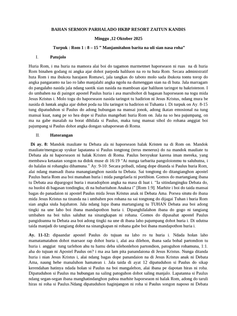 Bahan Sermon Parhalado Hkbp Resort Zaitun Kandis | PDF