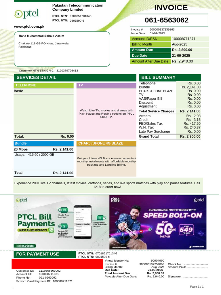 Rana Muhammad Sohaib Aasim PTCL Aug | PDF | Service Industries | Payments