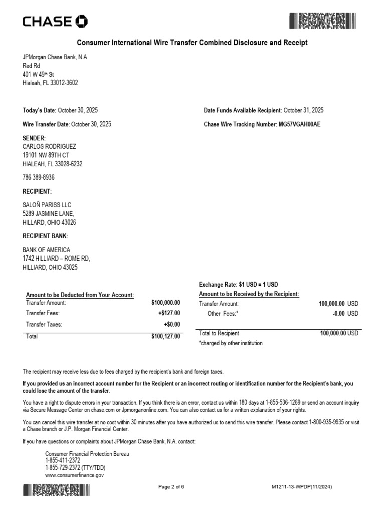 Chase Bank Receipt Salon Pariss LLC | PDF | Wire Transfer | Chase Bank