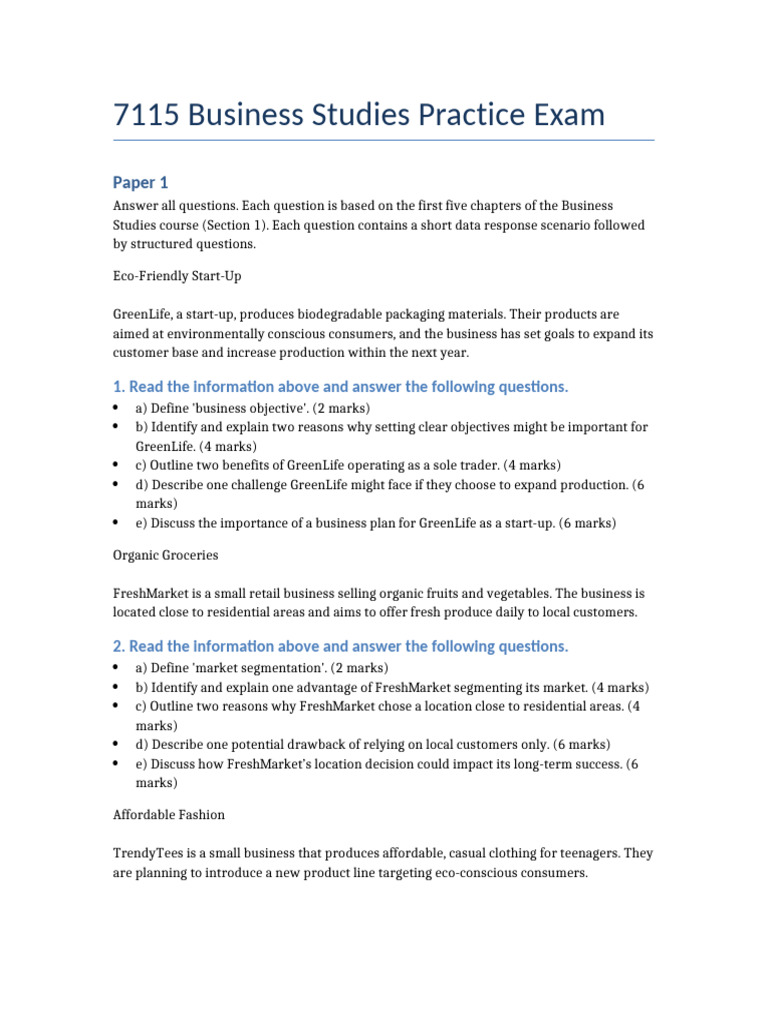 Business Studies Practice Exam Guide | PDF | Market Segmentation ...