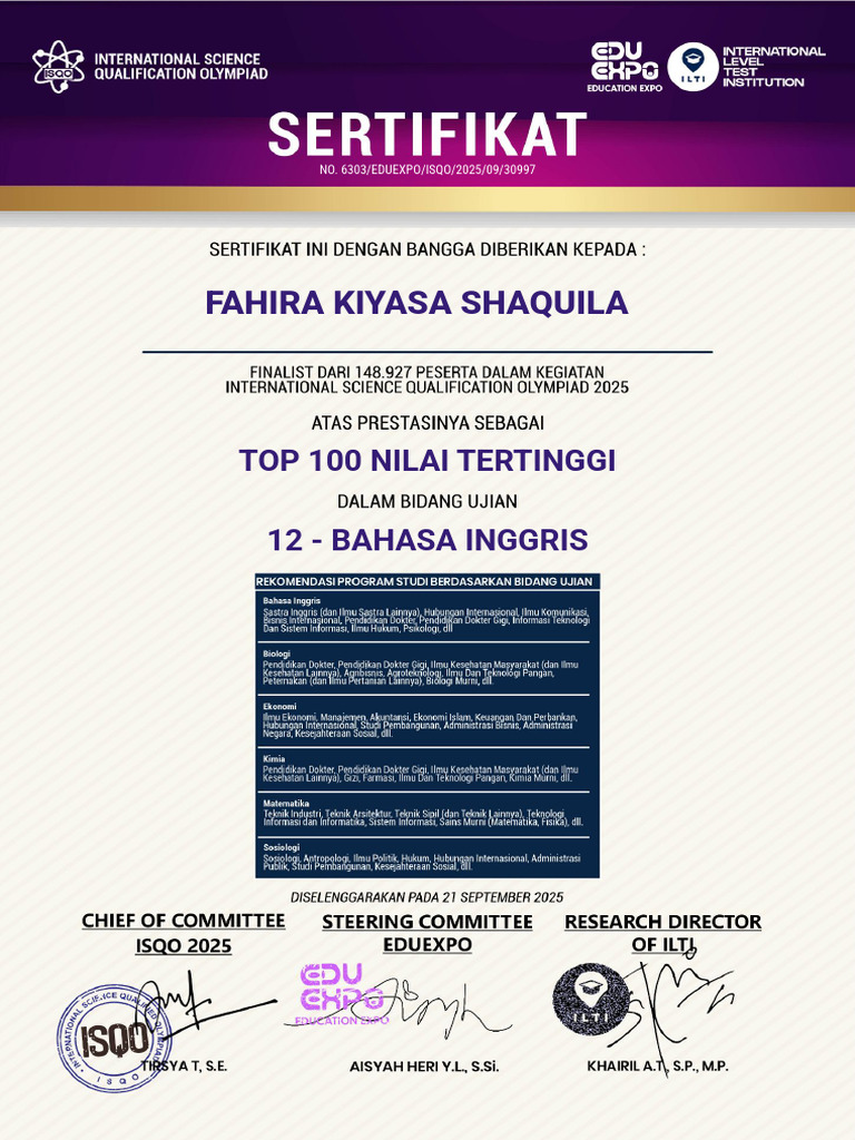 Sertifikat Top 100 Nilai Tertinggi Dalam 12 - Bahasa Inggris - Fahira ...