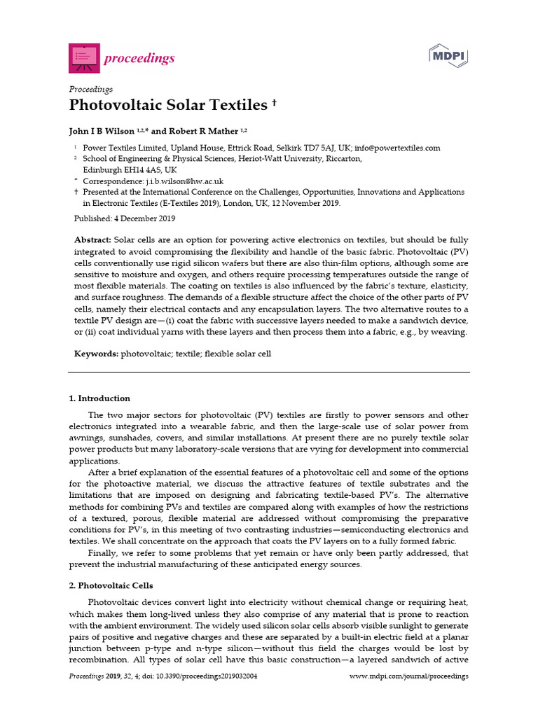 Photovoltaic Solar Textiles | PDF | Photovoltaics | Solar Cell