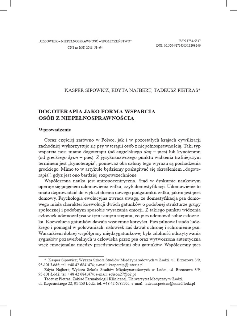 Dogoterapia Jako Forma Wsparcia Osob Z N | PDF