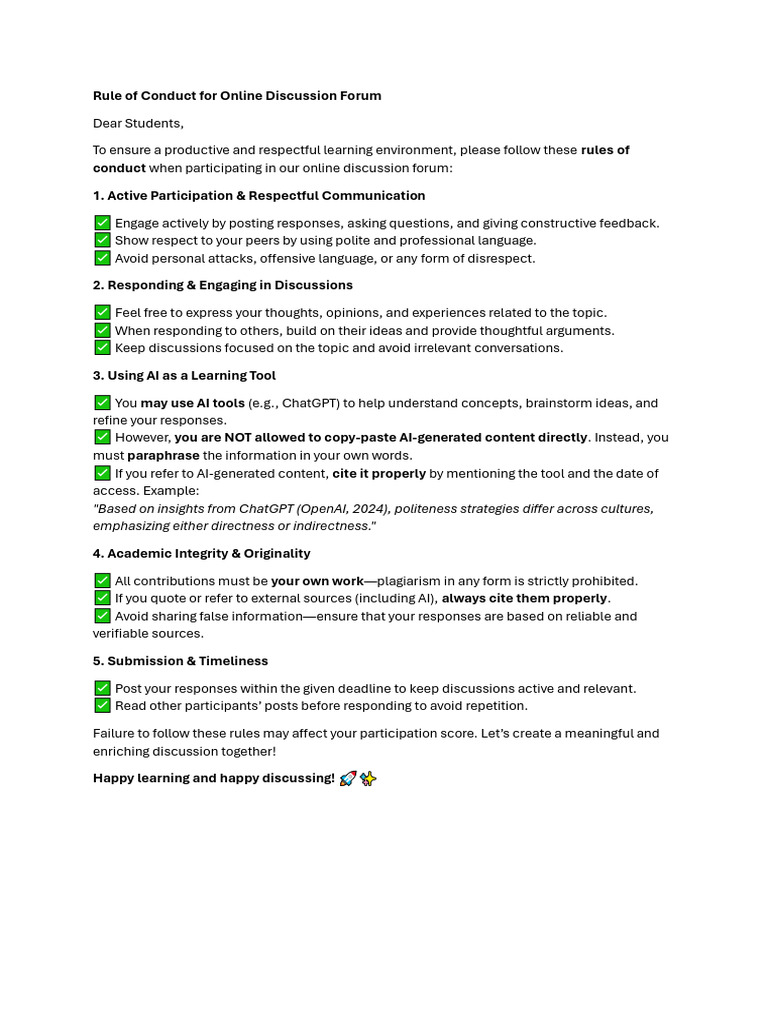 Rule of Conduct for Online Discussion Forum | PDF