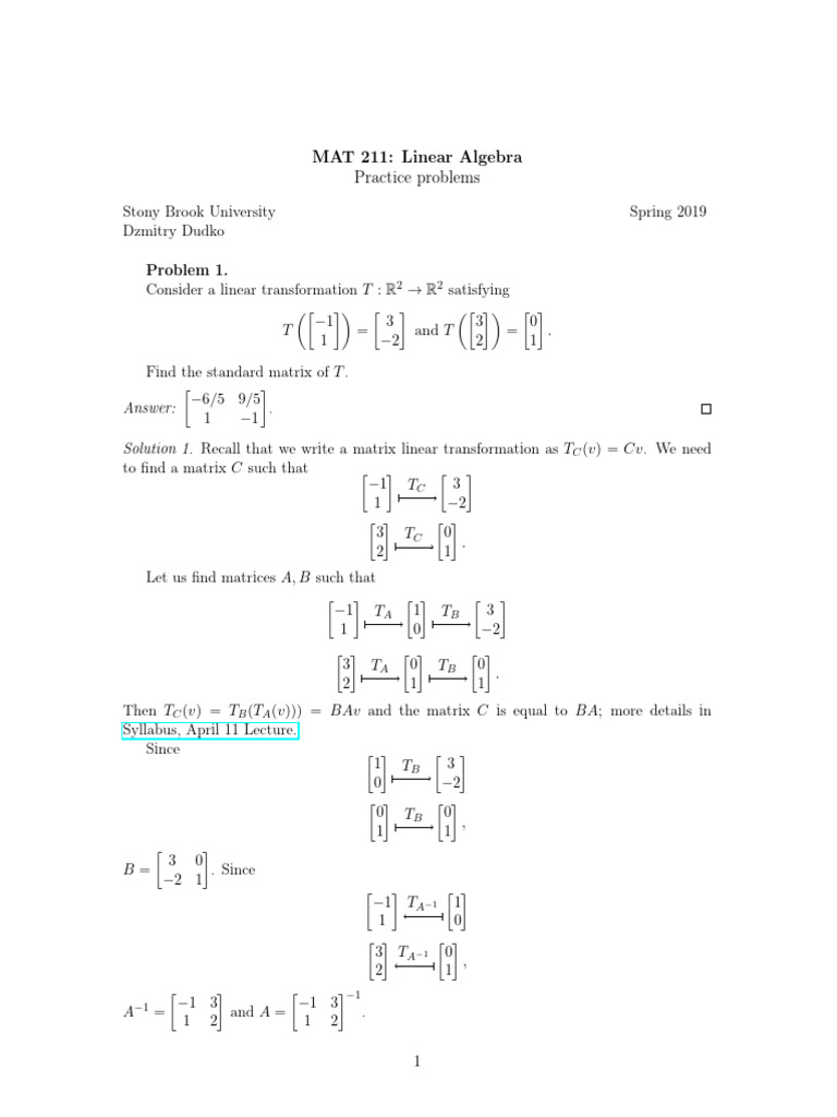 Linear Algebra Practice Problems | PDF | Eigenvalues And Eigenvectors ...